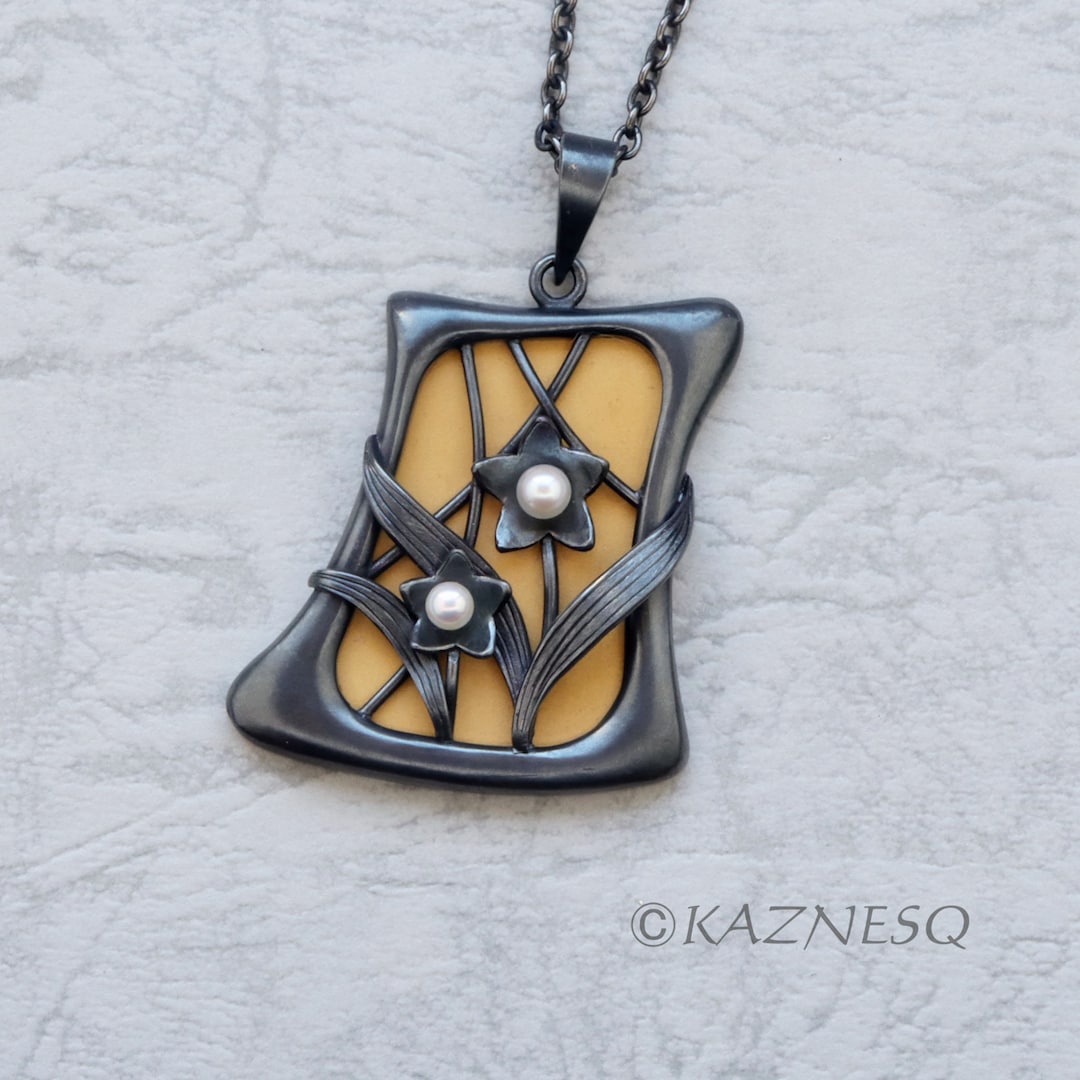 Art Nouveau Style Flower Keum Boo Pendant Necklace, Oxidized Silver and ...