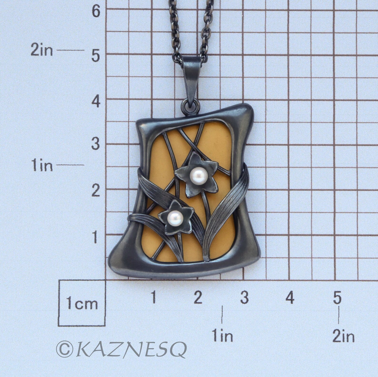 Art Nouveau Style Flower Keum Boo Pendant Necklace, Oxidized Silver and ...