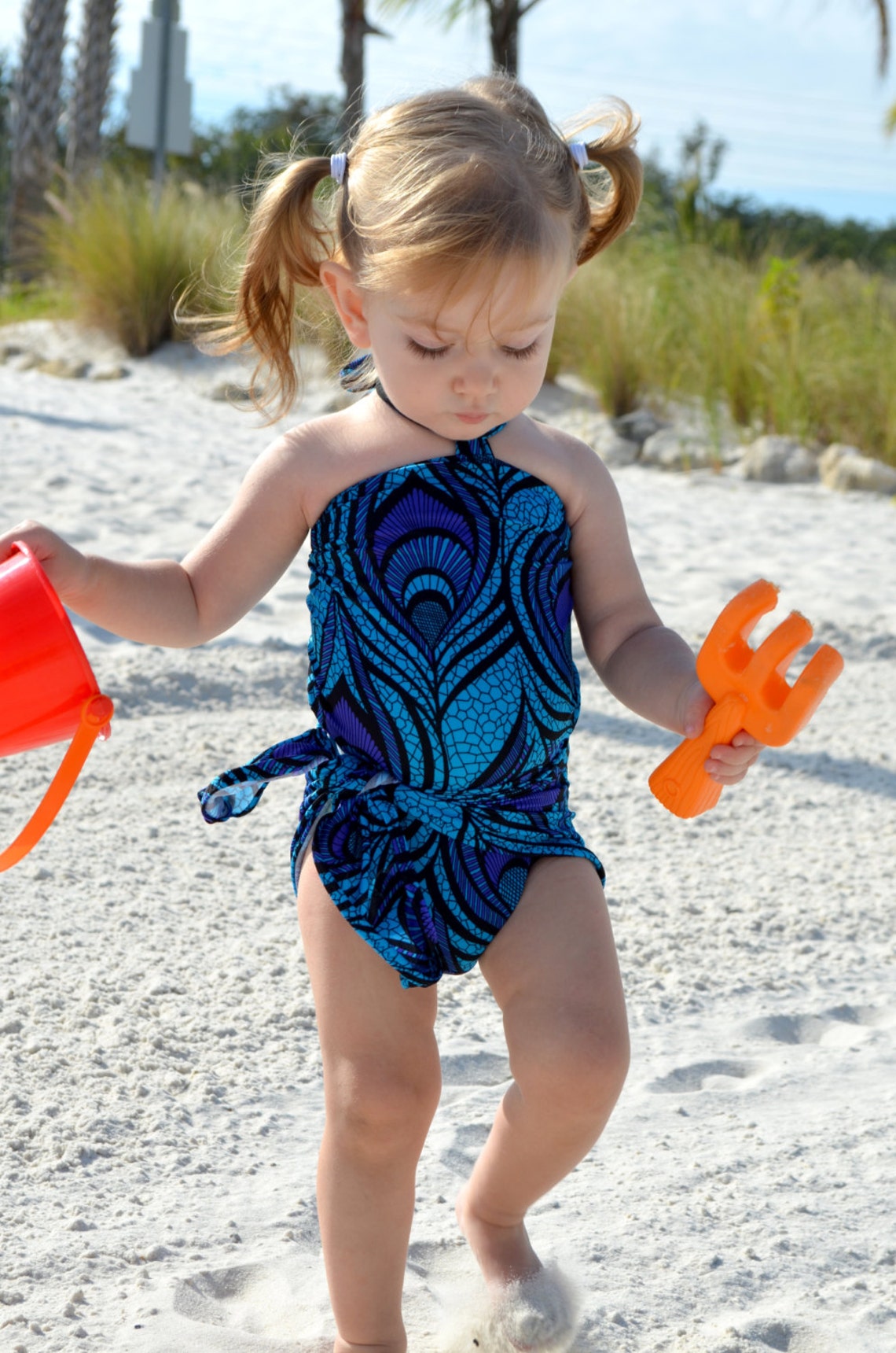 Baby Bathing Suit Blue Peacock Print Wrap Around Swimsuit One | Etsy
