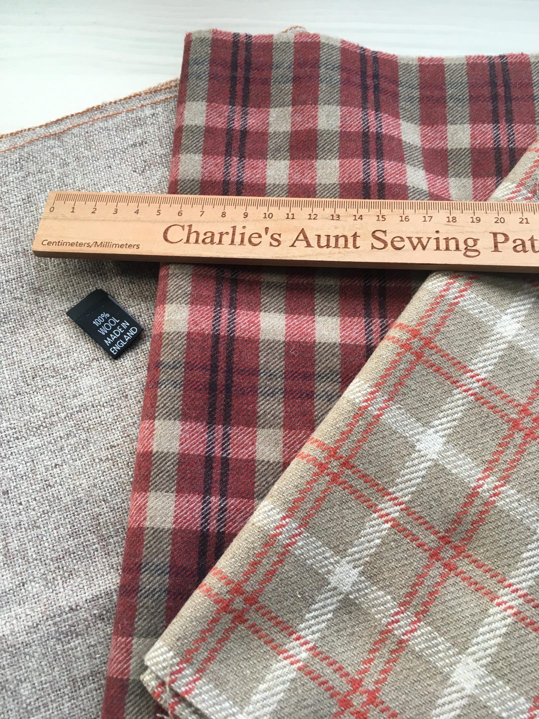 British Wool Tweed Fabric, Two Lightweight Plaid Weave Tweeds, Plain ...