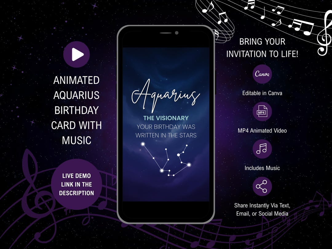 Aquarius Birthday Card. Digital Animated Zodiac E-card With Music ...