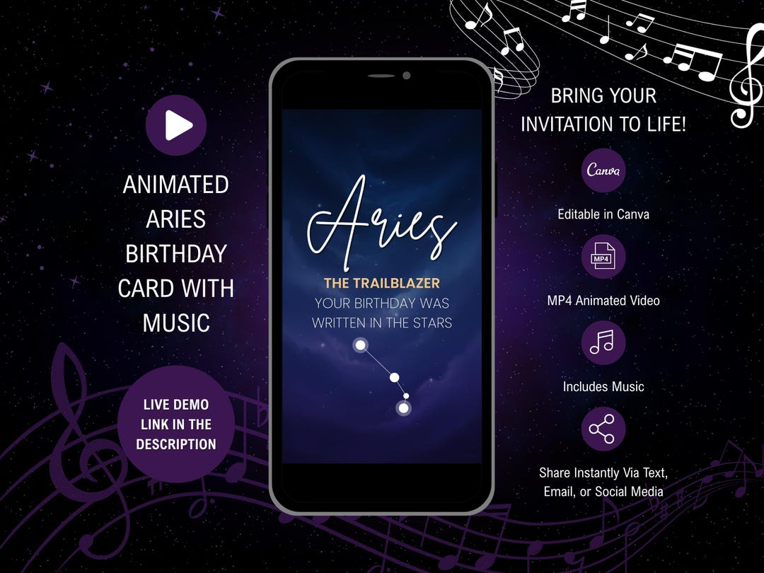 Aries Birthday Card. Digital Animated Zodiac Birthday E-card (canva ...