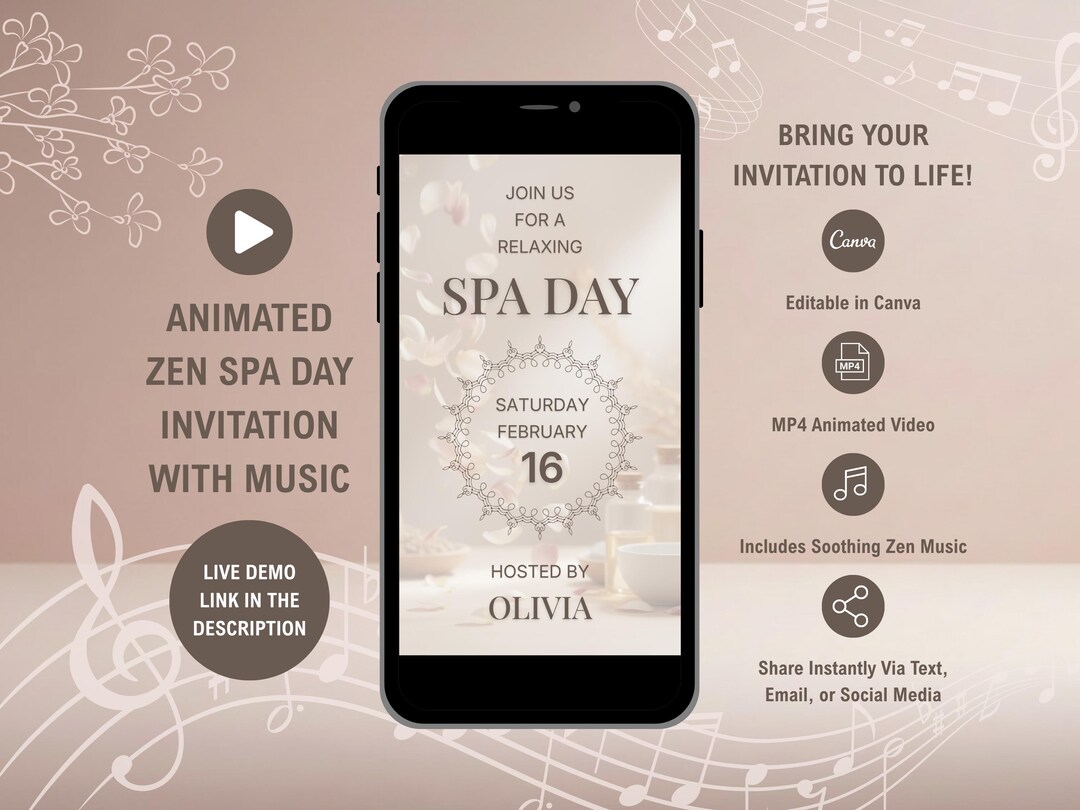 Zen Spa Day Digital Invitation With Music. Blush Minimalist Wellness ...