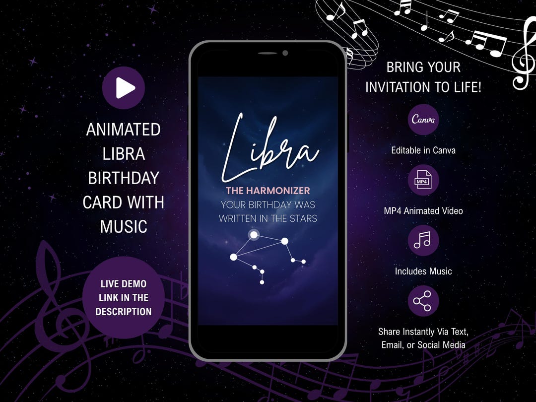 Libra Birthday Card. Digital Animated Zodiac Birthday E-card (canva ...