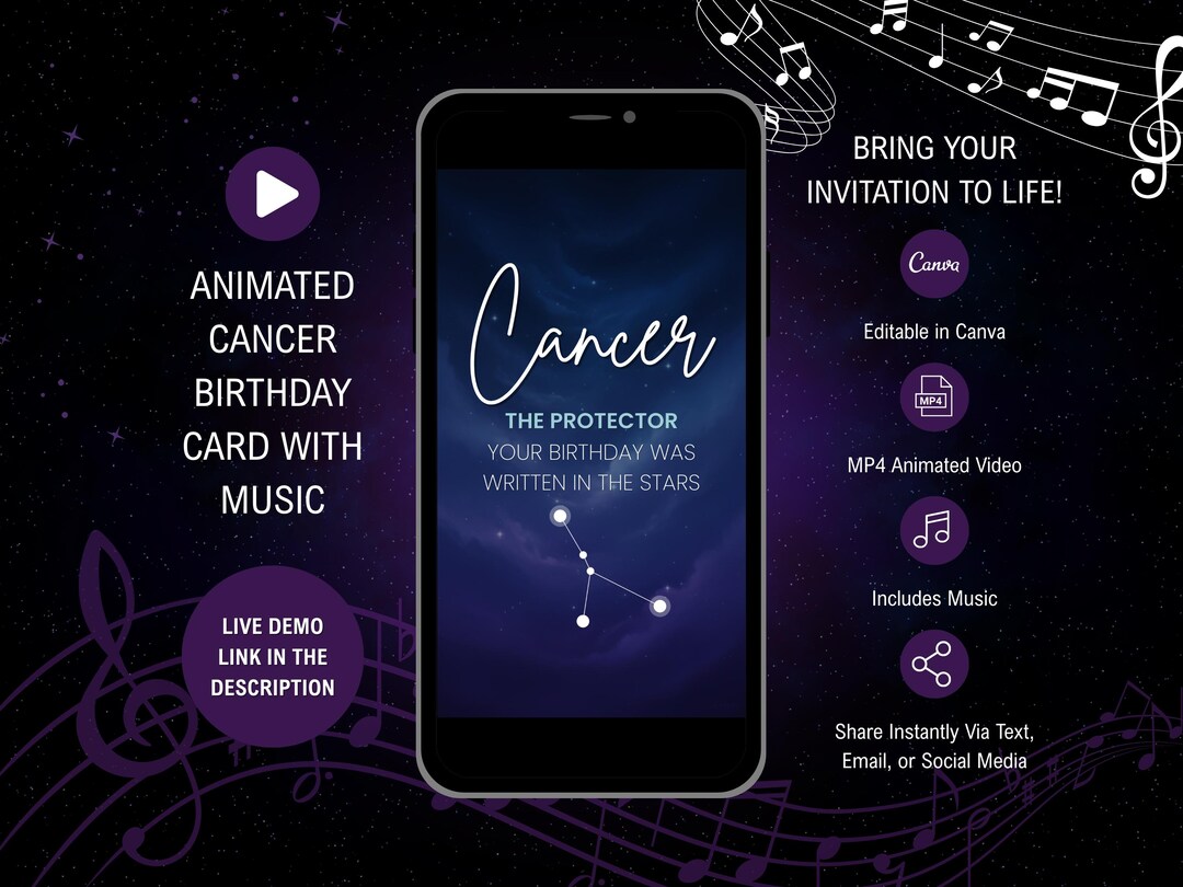 Cancer Birthday Card. Digital Animated Zodiac E-card (canva Template ...