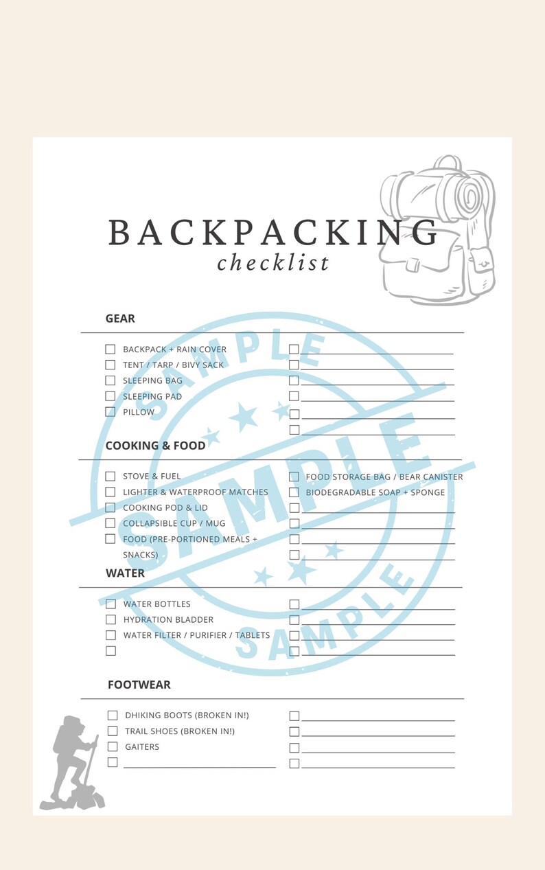 Backpacking Checklist Sheet - Etsy