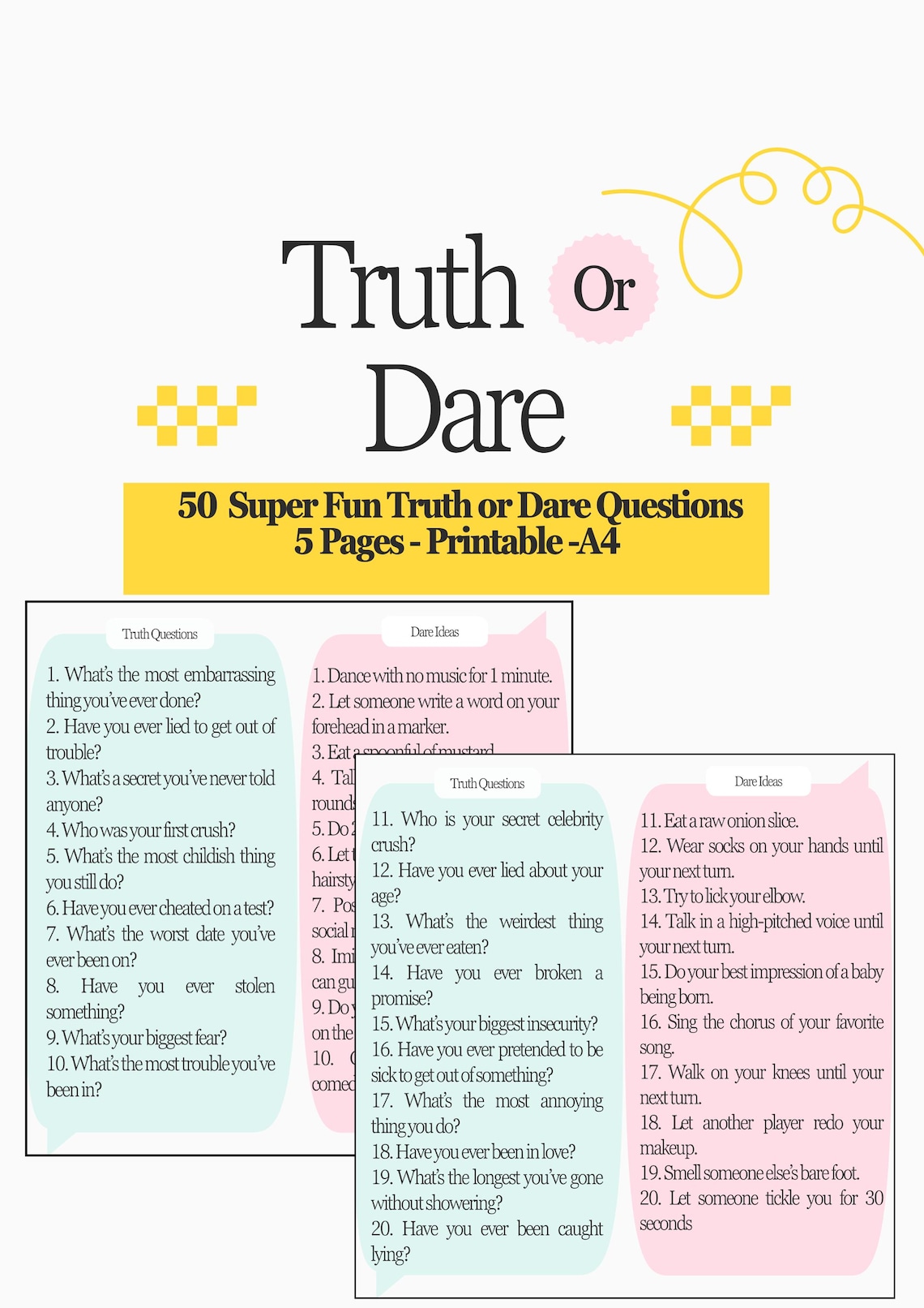 Truth or Dare | Printable Fun Party Game | Sleepover Game - Etsy