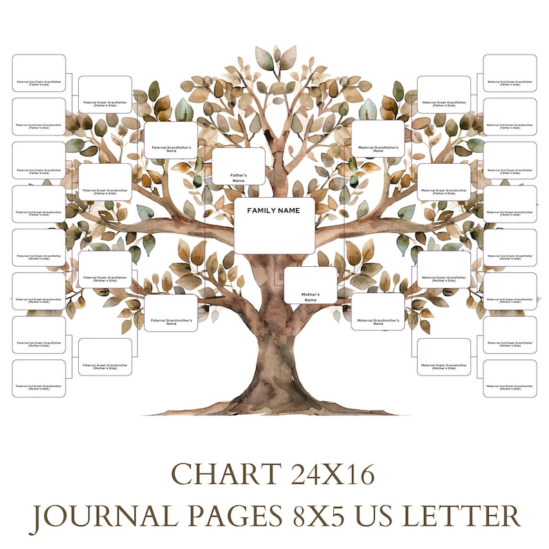 5-generation Family Tree Chart + 14-page Generation Journal (printable ...