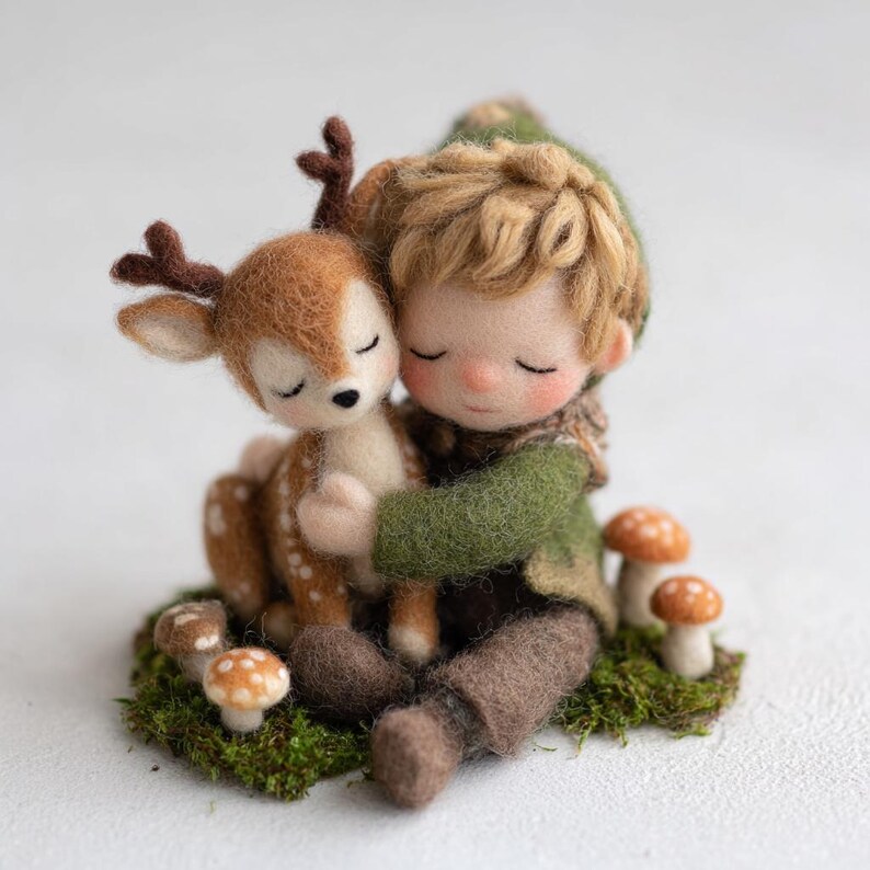 Needle Felt Elf and Deer Figurine, Woodland Friendship Gift, Handmade ...