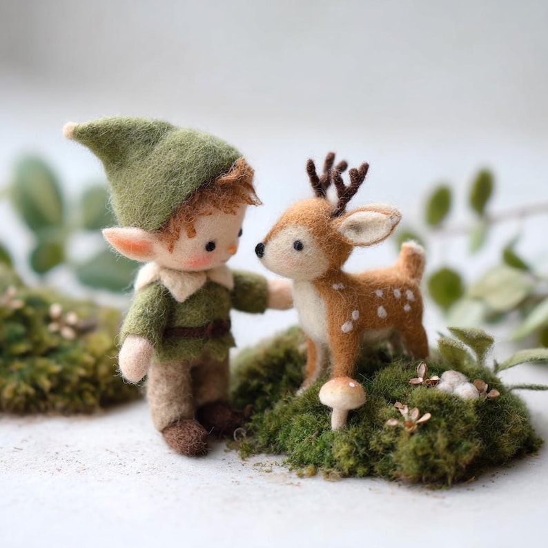 Needle Felt Elf and Deer Figurine, Woodland Friendship Gift, Handmade ...