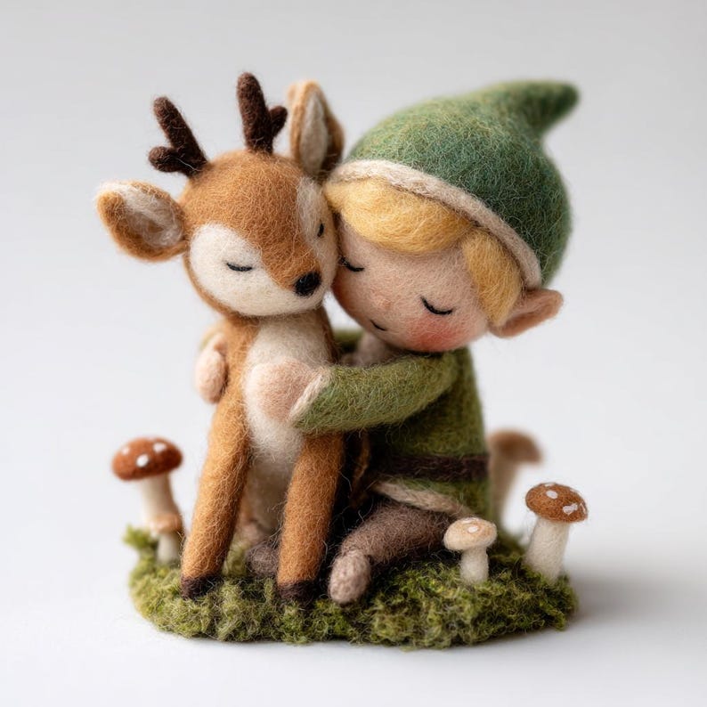 Needle Felt Elf and Deer Figurine, Woodland Friendship Gift, Handmade ...