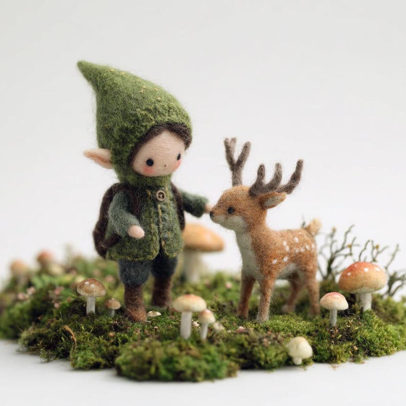 Needle Felt Elf and Deer Figurine, Woodland Friendship Gift, Handmade ...