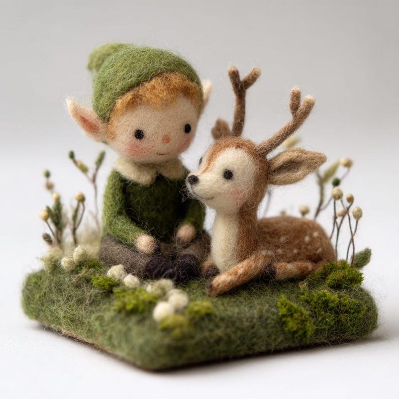 Needle Felt Elf and Deer Figurine, Woodland Friendship Gift, Handmade ...