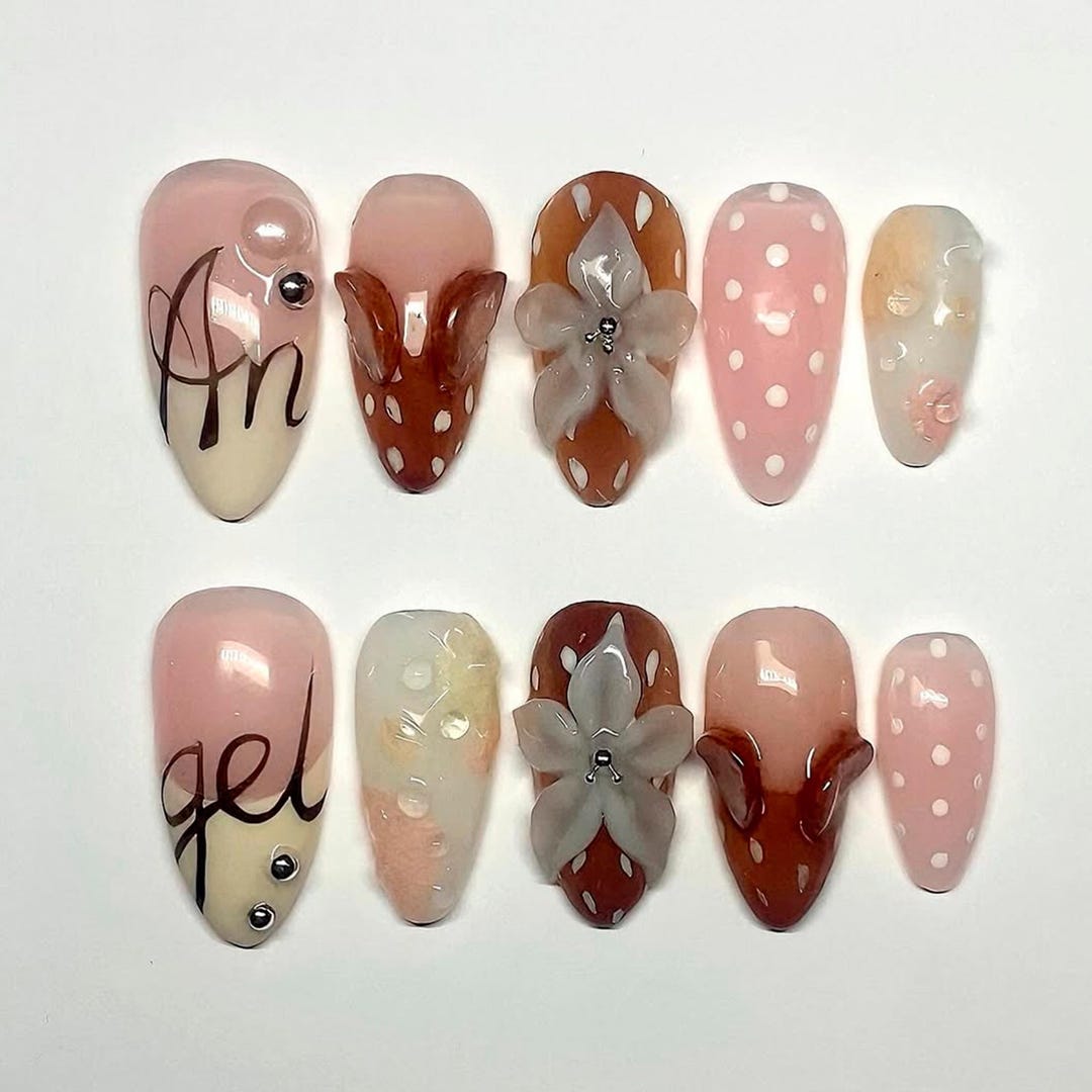 Fawn Print Press on Nails, 3D Flower Cottagecore Nail Art - Etsy