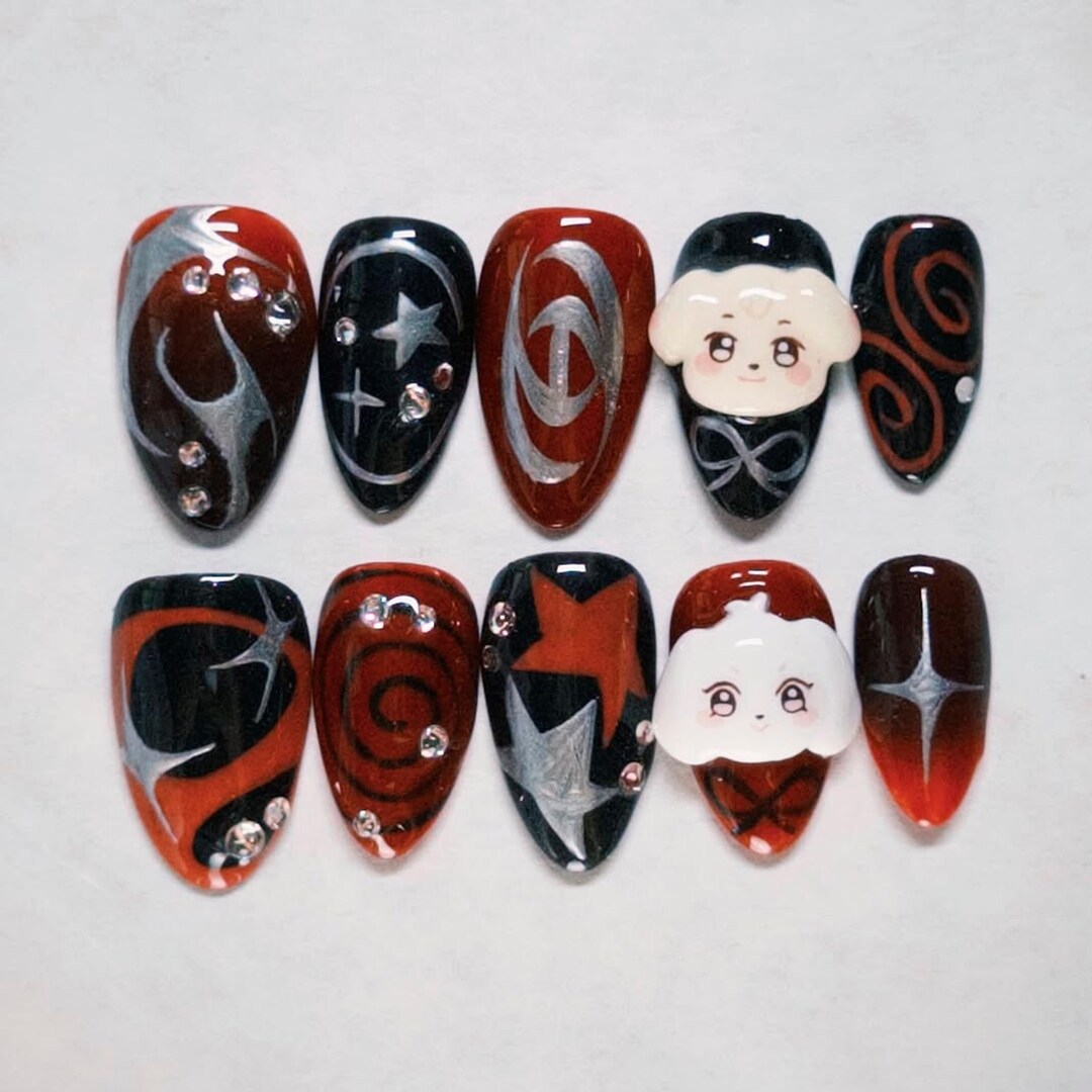 ATEEZ Aniteez Inspired Press on Nails, 3D Character Red Black Star Nail ...