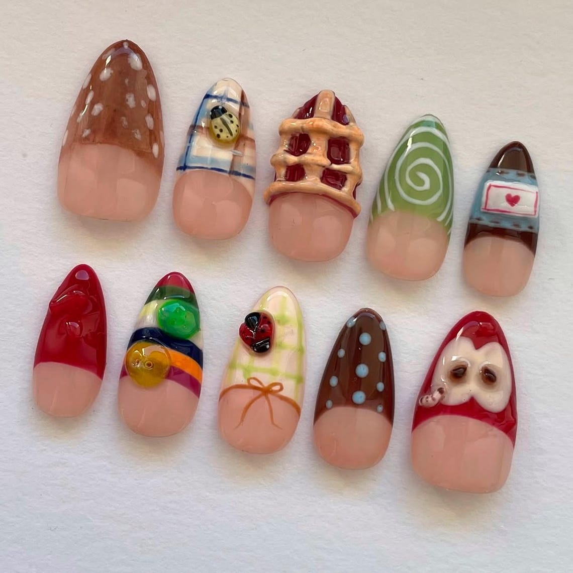 Cottagecore Pie Press on Nails, 3D Ladybug & Cherry Pie Nail Art ...