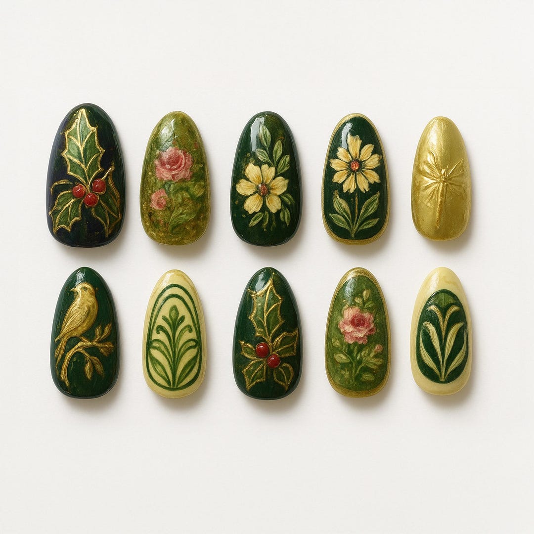 Hand Painted Floral Bird Press on Nails: Almond Gold Art Nouveau - Etsy