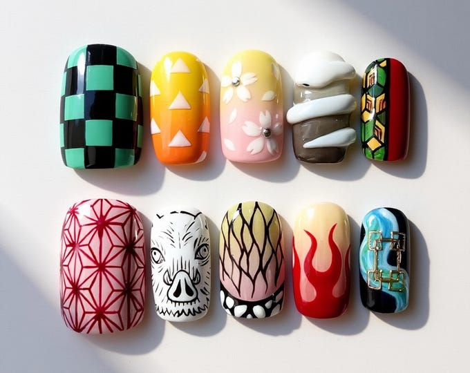 Demon Press on Nails, Kimetsu No Yaiba Anime Nails, Tanjiro Zenitsu ...