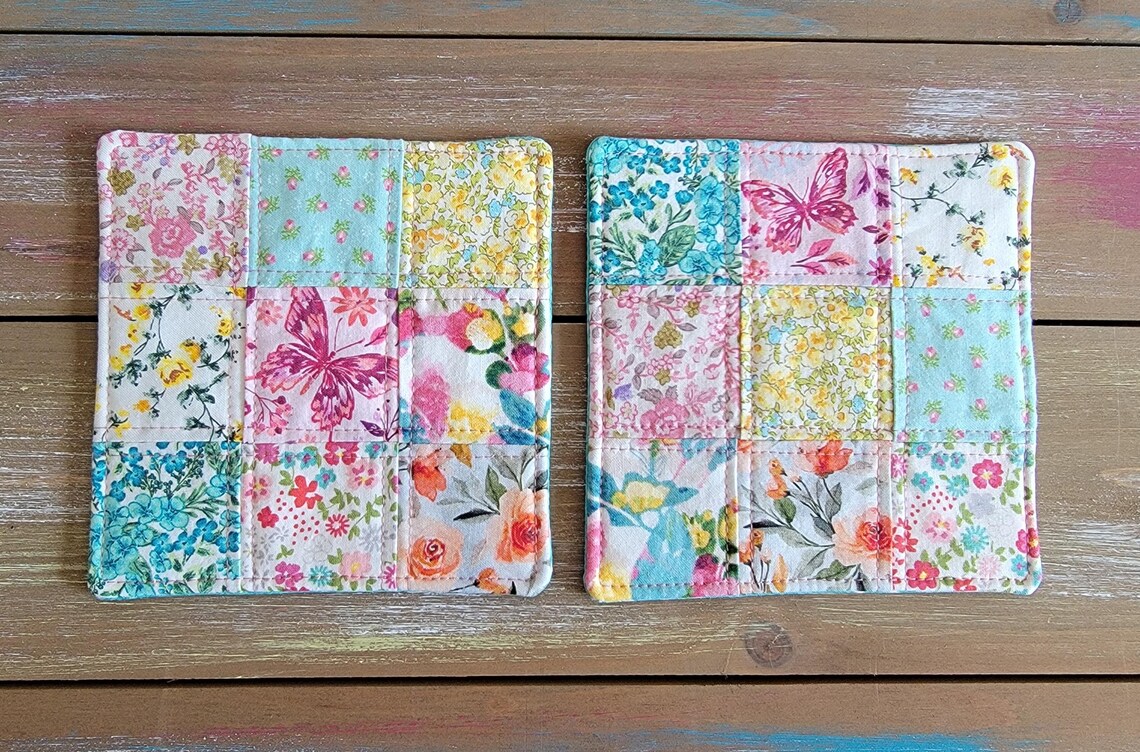 Quilted Coaster Set, Large Mug Rugs, Colorful Oversized Patchwork ...