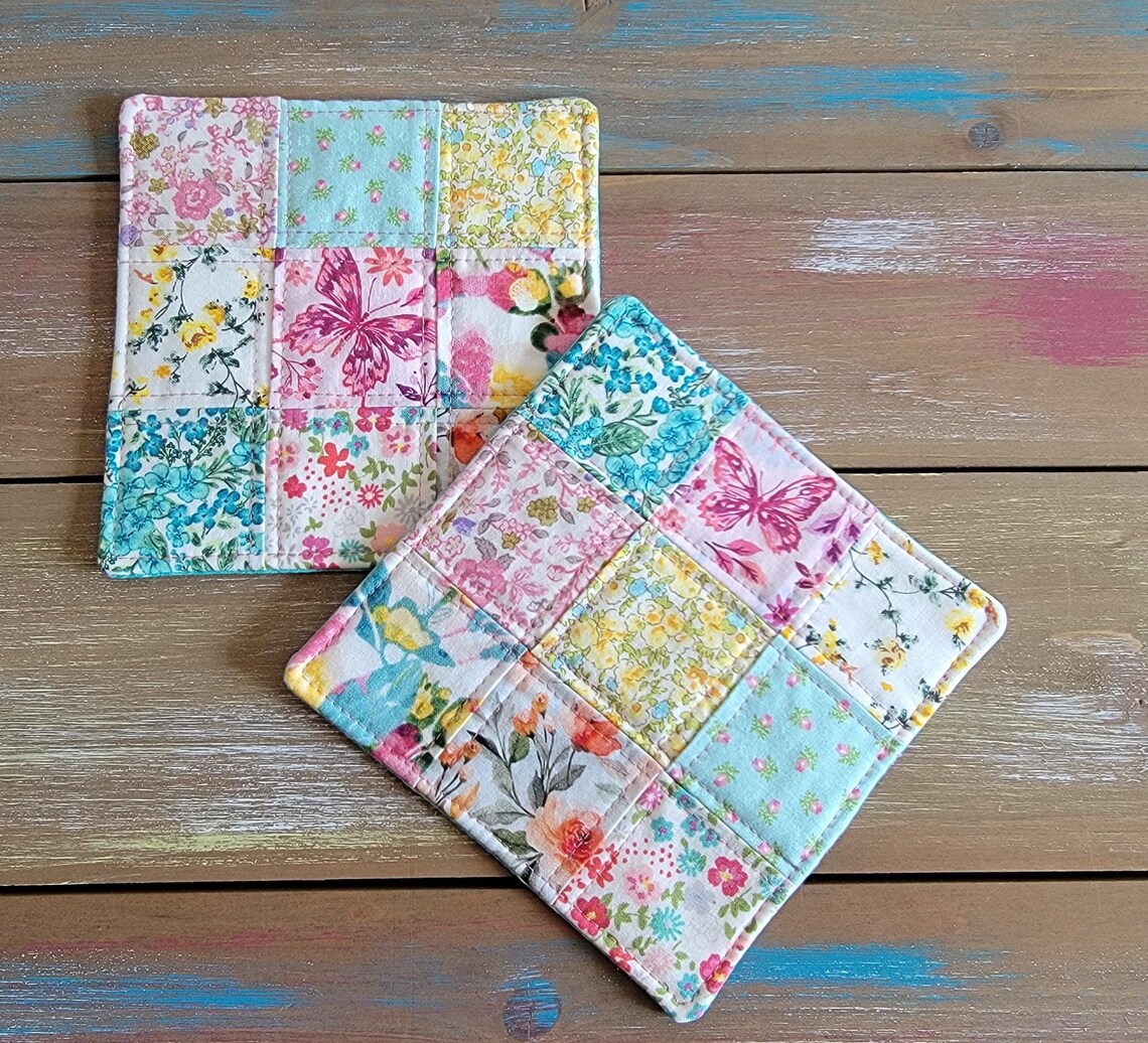 Quilted Coaster Set, Large Mug Rugs, Colorful Oversized Patchwork ...
