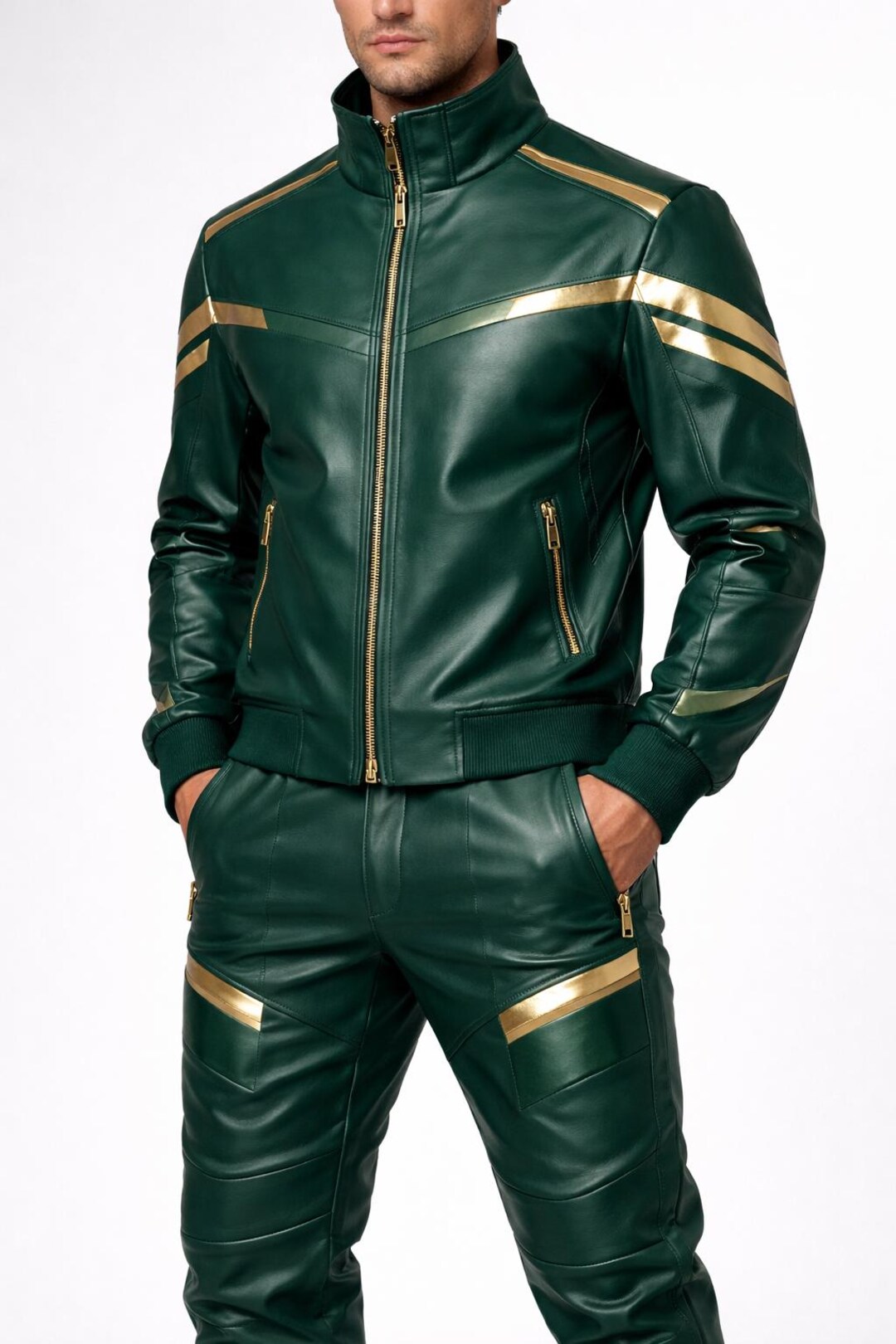 Men’s Leather Tracksuit Set – Luxury Gold Stripe Techwear Jacket & Pant ...