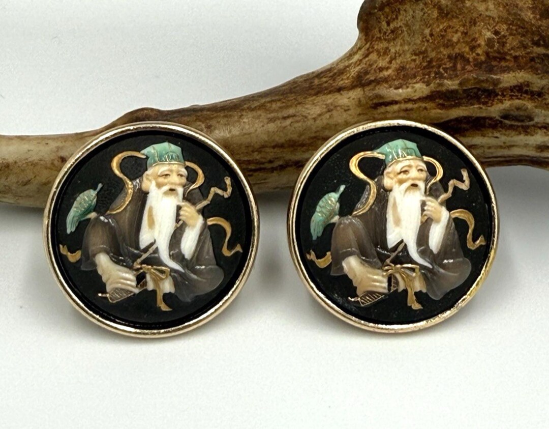 Vintage Toshikane Japan Porcelain Cufflinks Sage Deity Hand Painted ...