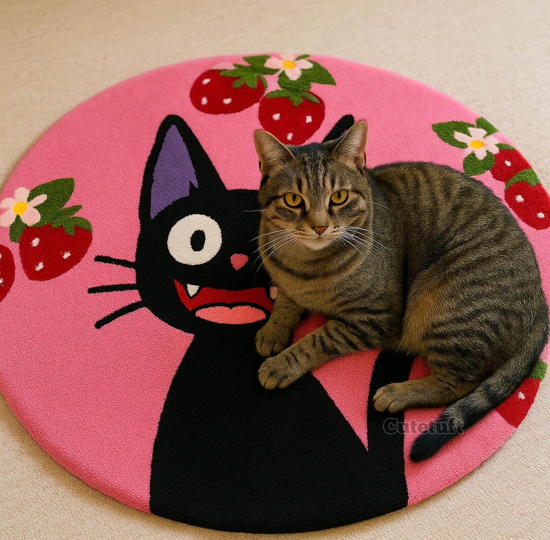 Pink Background Black Cat Anime Tufted Rug / %100 Handmade Newzealand ...