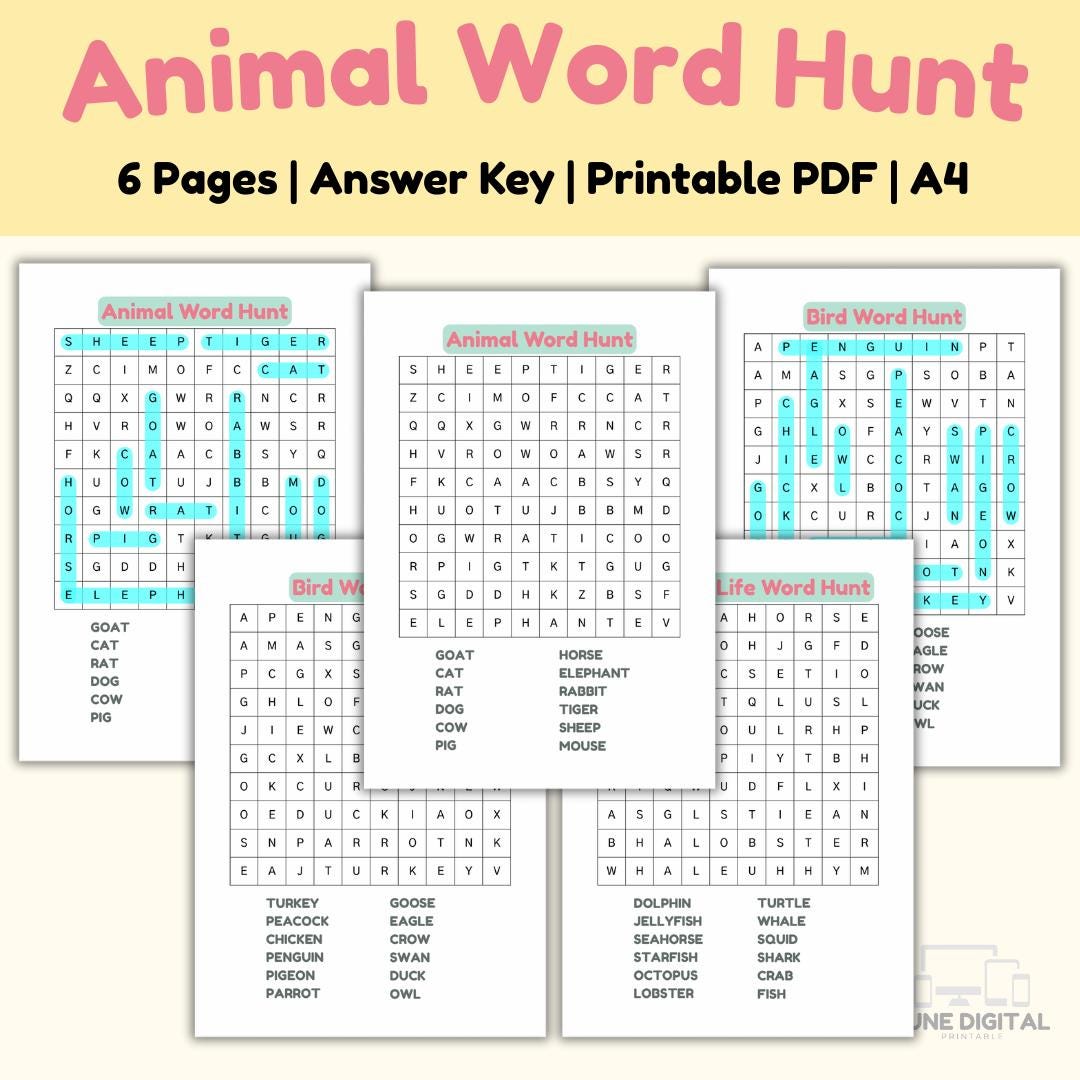 Animal Word Hunt Puzzle Pack: Printable Kids Activity (A4, Instant ...
