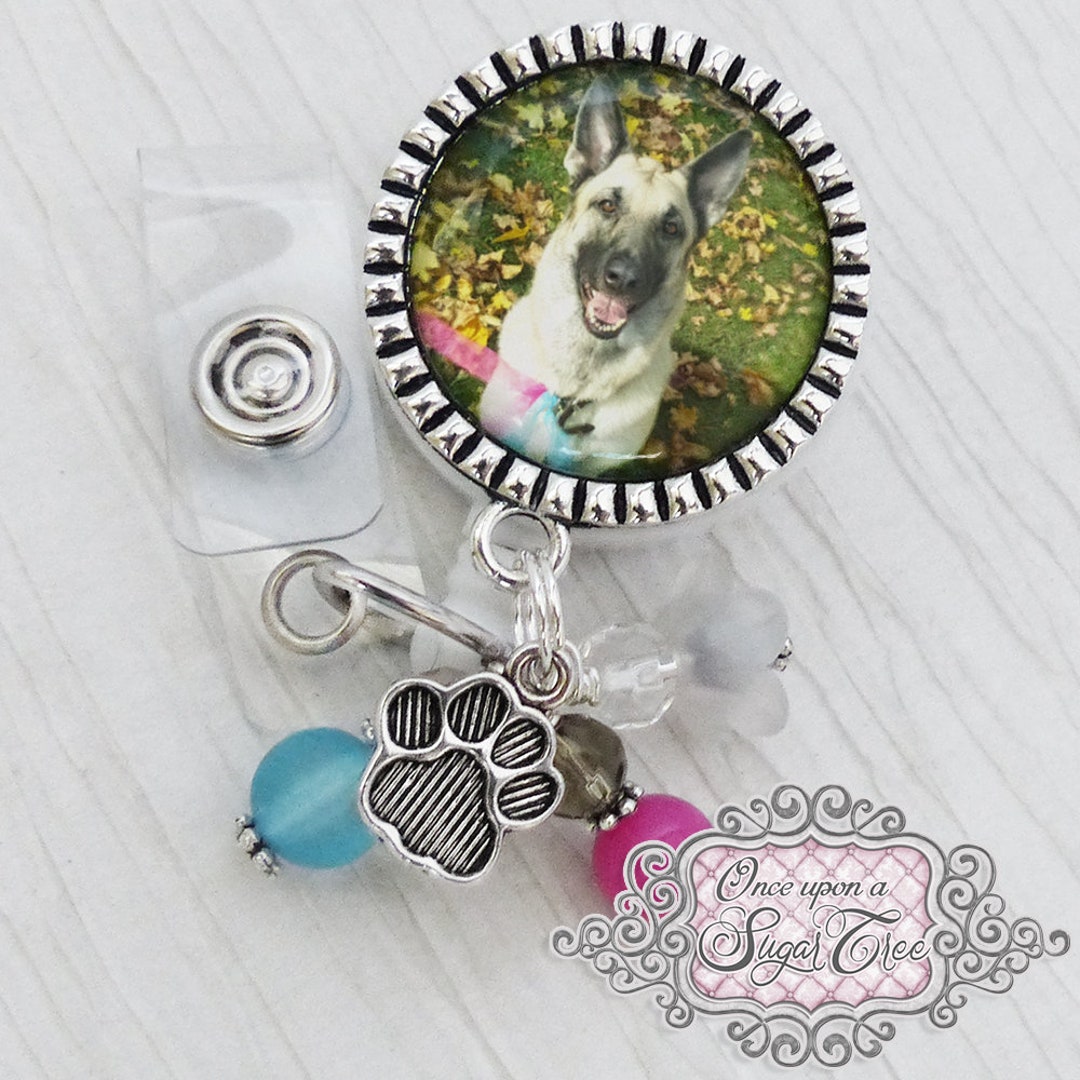 Animal Badge Reel, Custom Dog Photo, Paw Print Charm, Id Clip, Loss of ...