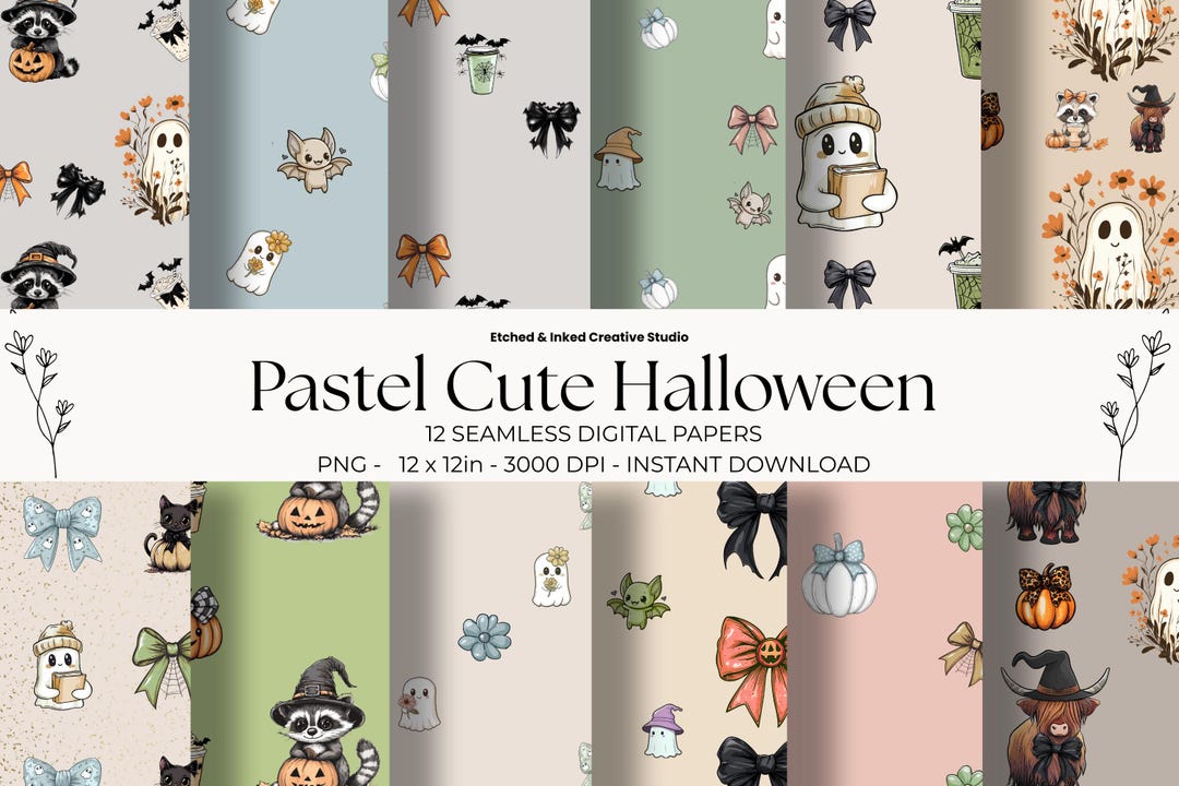 Pastel Halloween Digital Paper: Seamless Kawaii PNG Patterns (3000 DPI ...