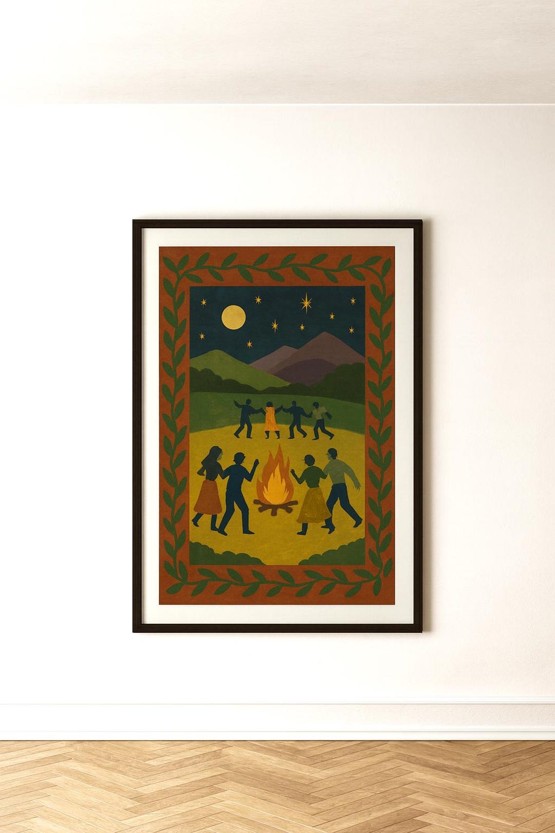 Folk Art Bonfire Print: Rustic People Dancing Illustration (digital ...