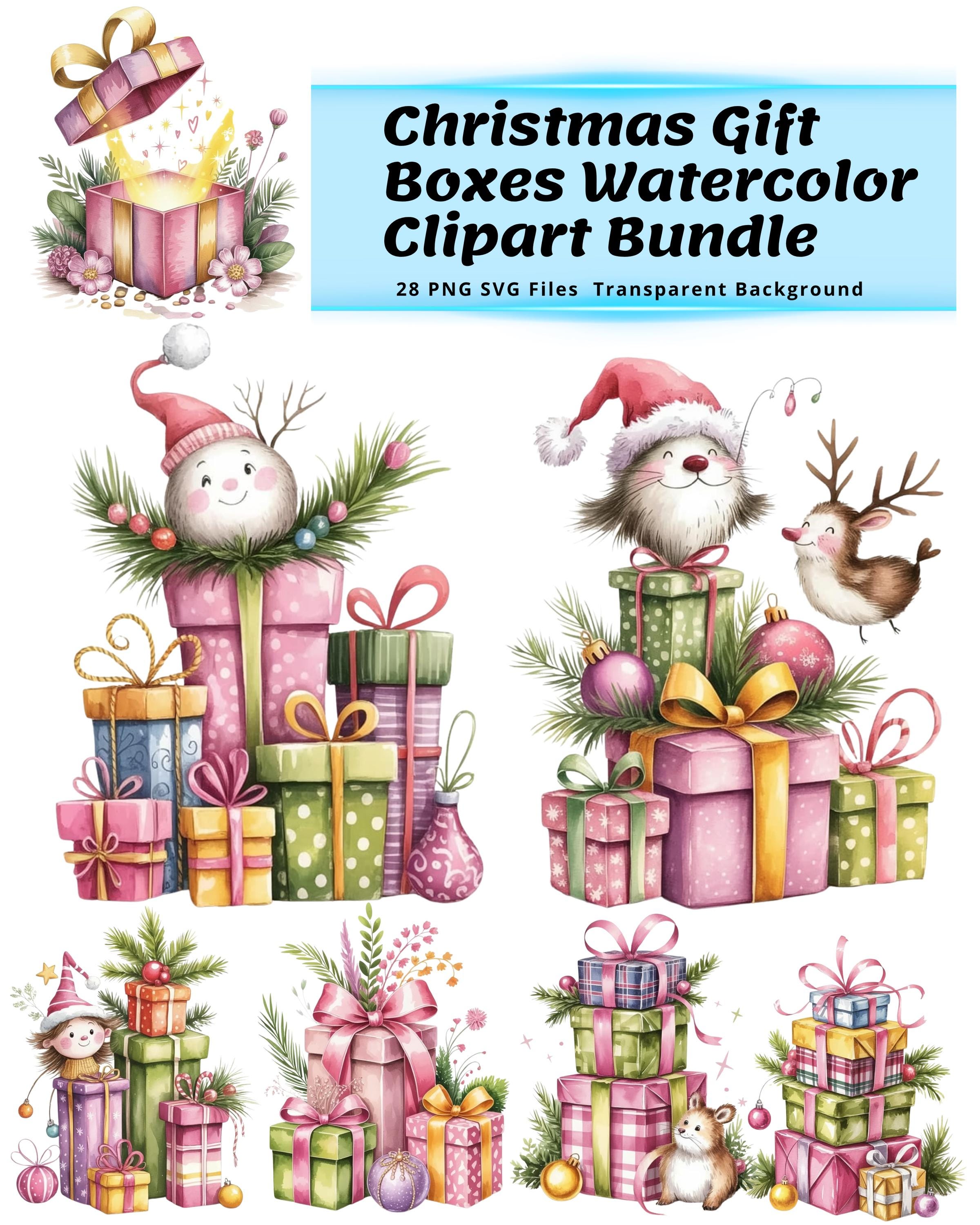 Watercolor Christmas Clipart | Festive Gift Boxes PNG SVG Set - Etsy