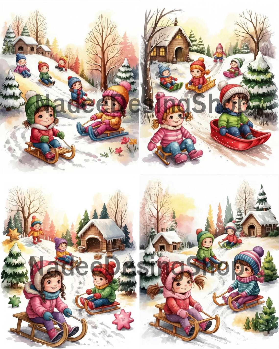 Watercolor Winter Kids Sledding Clipart | PNG, SVG (digital Download ...