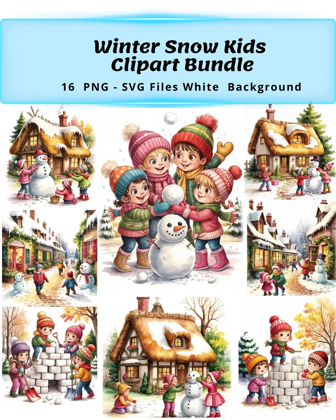 Winter Kids Clipart Bundle | Watercolor Snowman, Village PNG Set ...