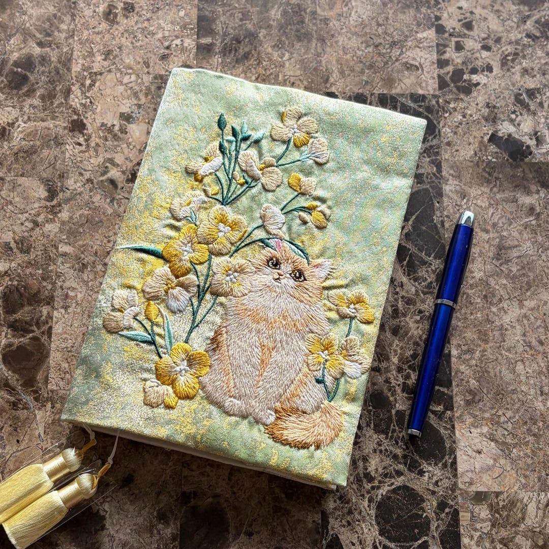 Kawaii Fluffy Cat A5 Journal Cover Hand Embroidered Green Silk Sleeve ...