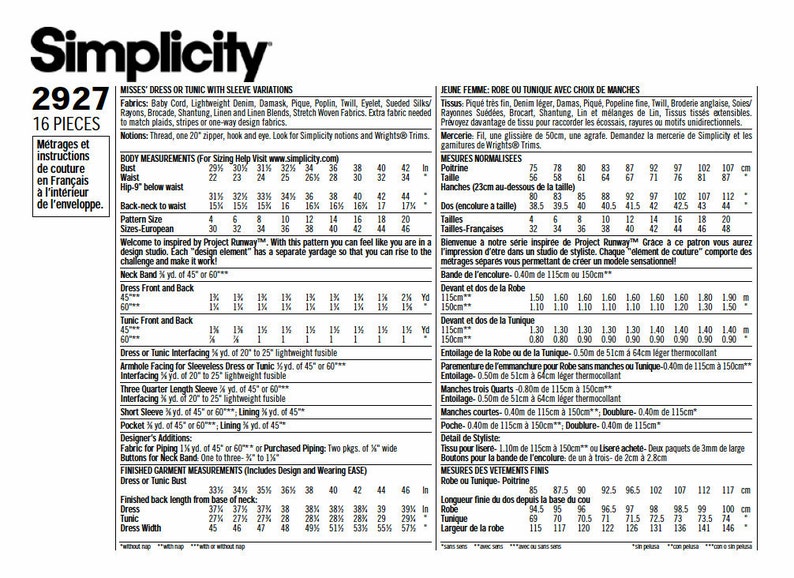 Simplicity Pattern 2927 Misses' Project Runway Dress and Tunic Sizes 4 ...