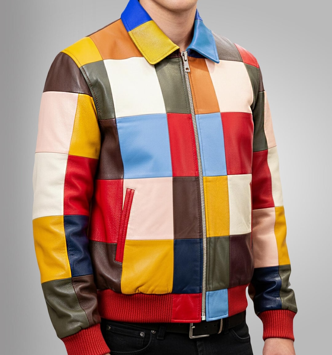 Patchwork Leather Jacket for Men, Luxury Jacket: Multicolor Biker Retro ...