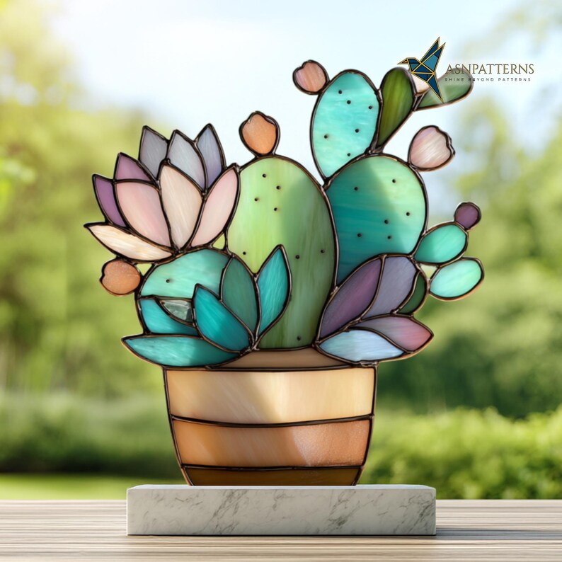 Blooming Cactus Stained Glass Pattern, Cactus Suncatcher, Stained Glass ...