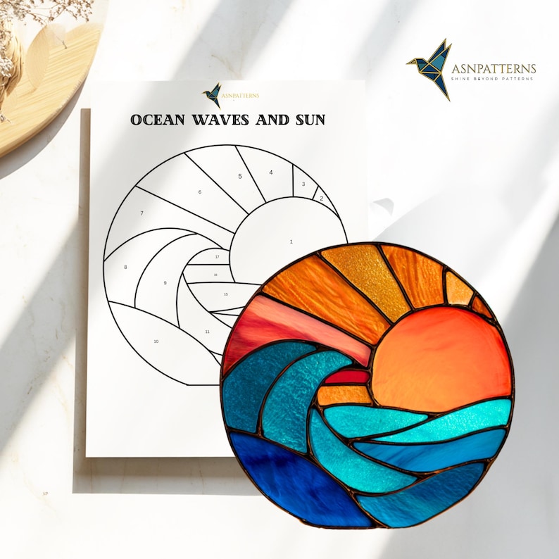 Waves and Sun Stained Glass Pattern, Sunset Suncatcher Template ...