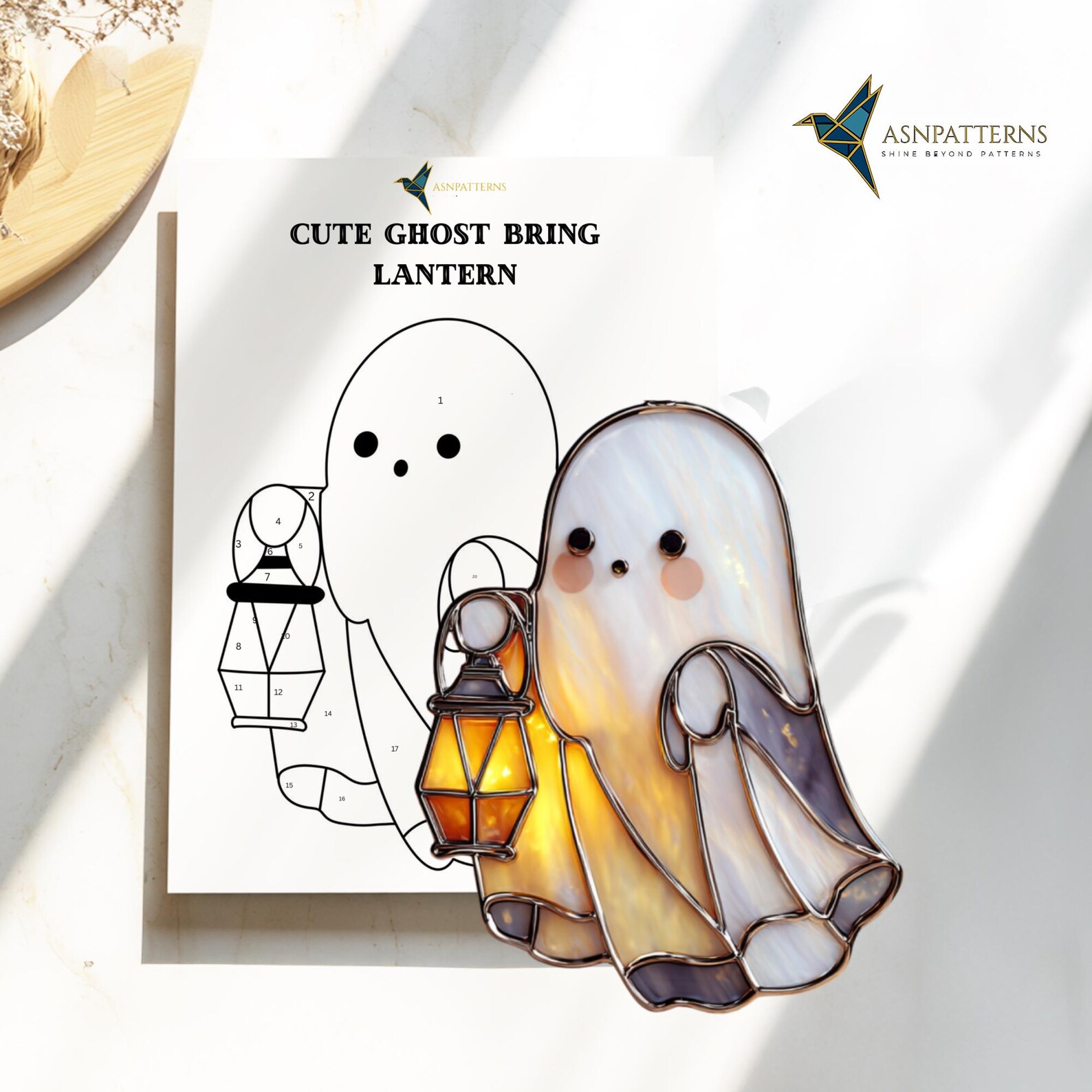 Ghost Bring Lantern Stained Glass Pattern, Cute Ghost Suncatcher ...