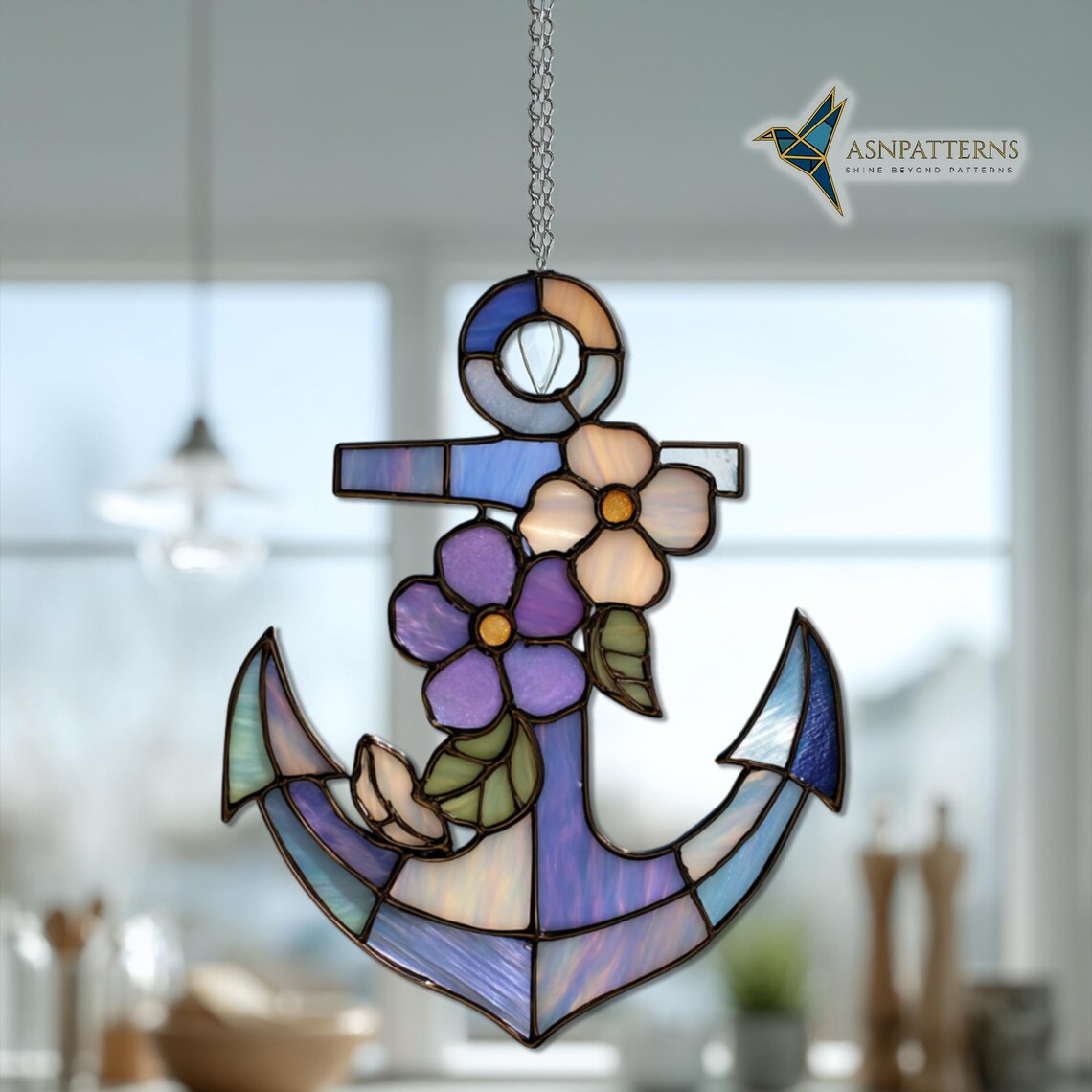 Floral Anchor Stained Glass Pattern, Anchor Suncatcher Template, DIY ...