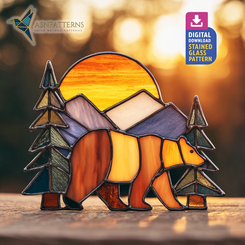 Bear and Sunset Stained Glass Pattern, Bear Suncatcher, Stained Glass ...