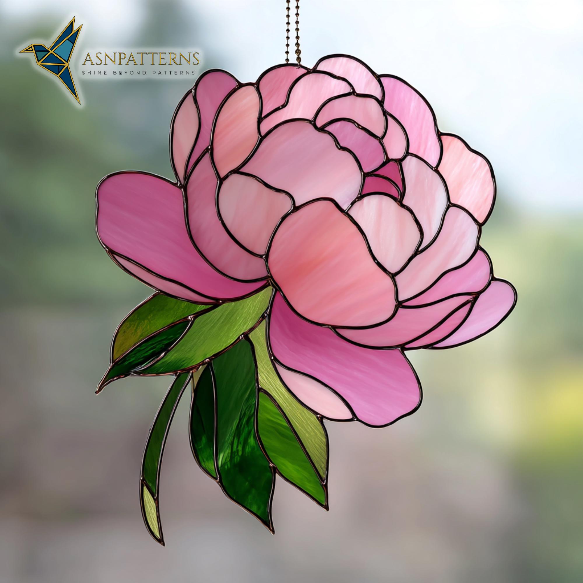 Pink Peony Stained Glass Pattern, Peony Suncatcher, Stained Glass Peony ...