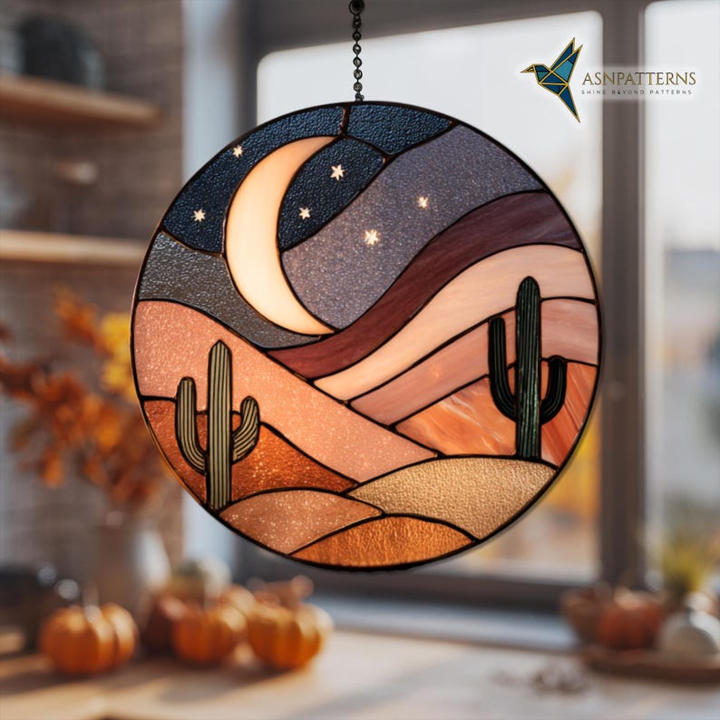 Boho Desert Stained Glass Pattern, Night Desert Suncatcher, Stained ...