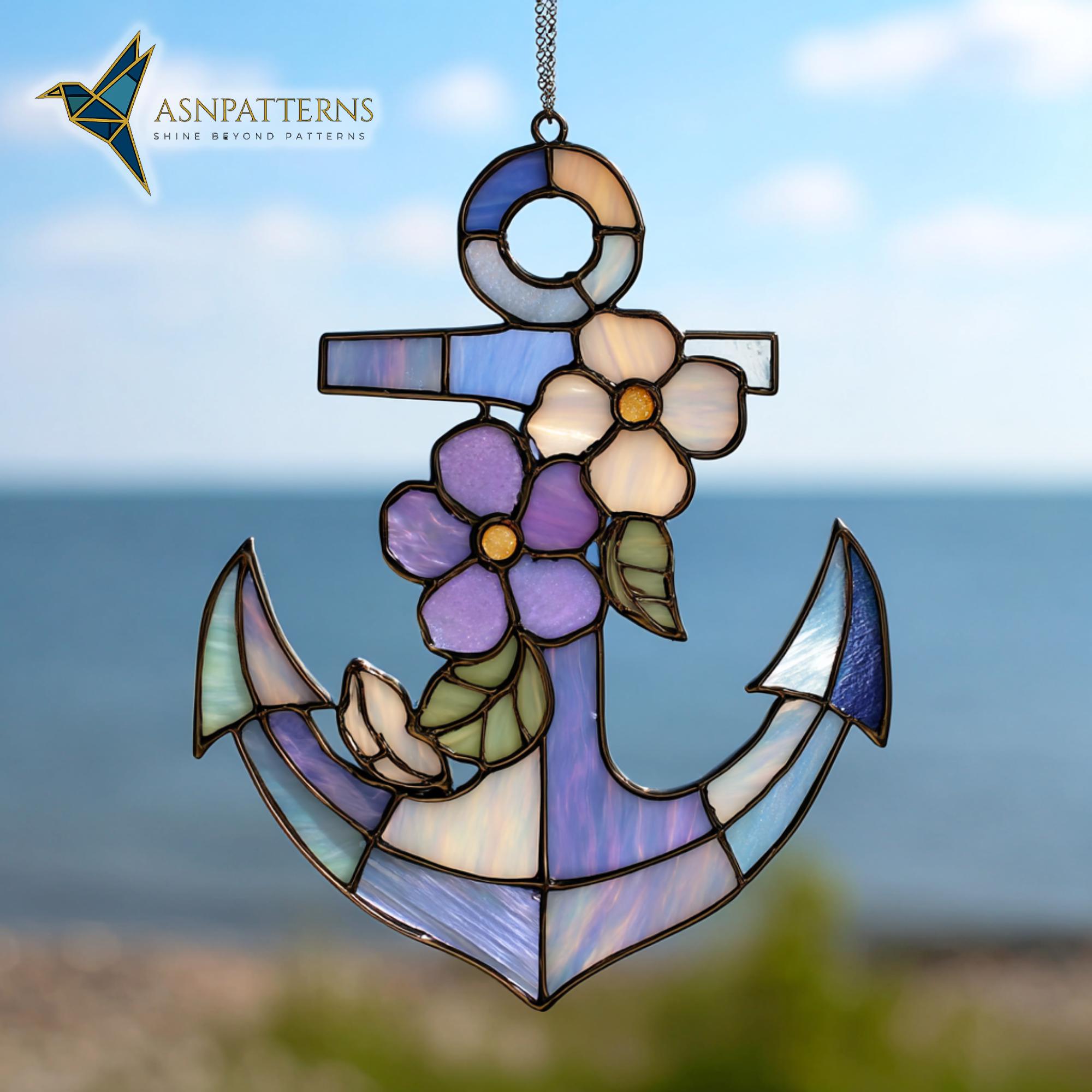 Floral Anchor Stained Glass Pattern, Anchor Suncatcher Template, DIY ...