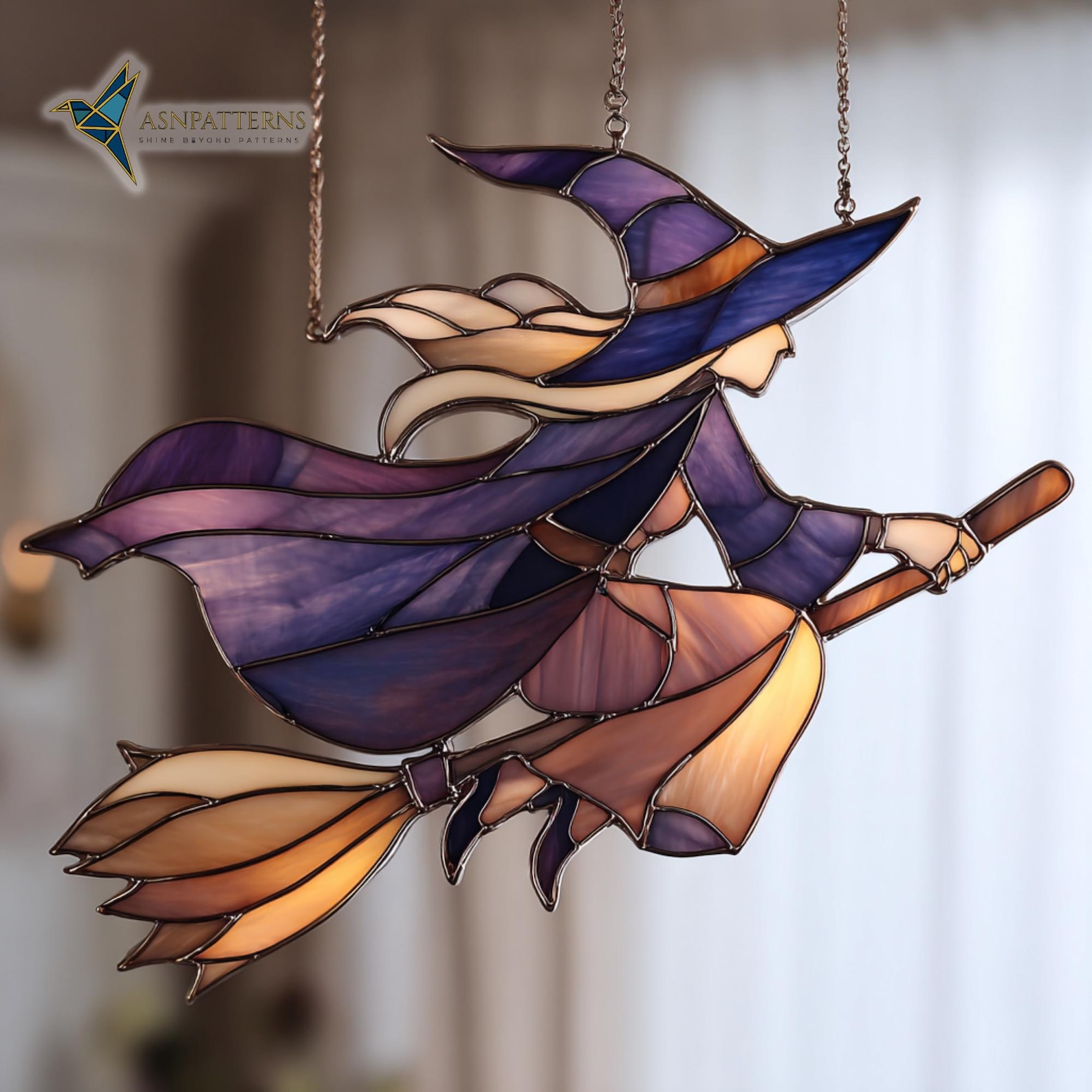 Flying Witch Stained Glass Pattern, Halloween Witch Suncatcher, Stained ...