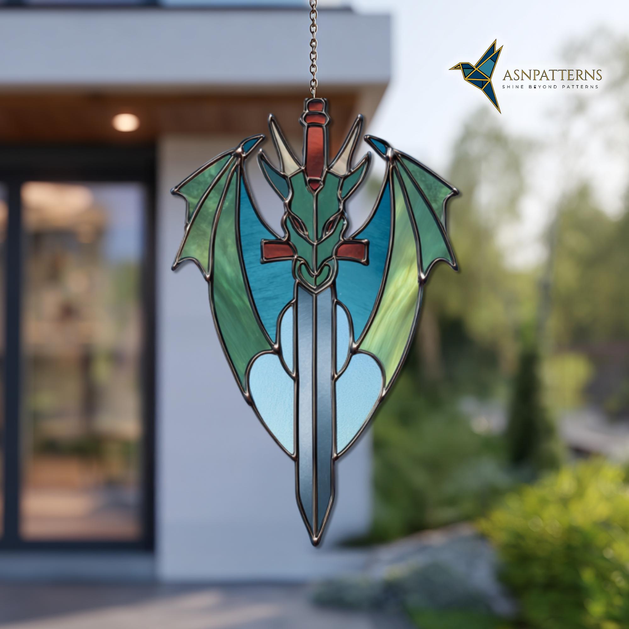 Sword Dragon Stained Glass Pattern, Dragon Suncatcher PDF Template, DIY ...