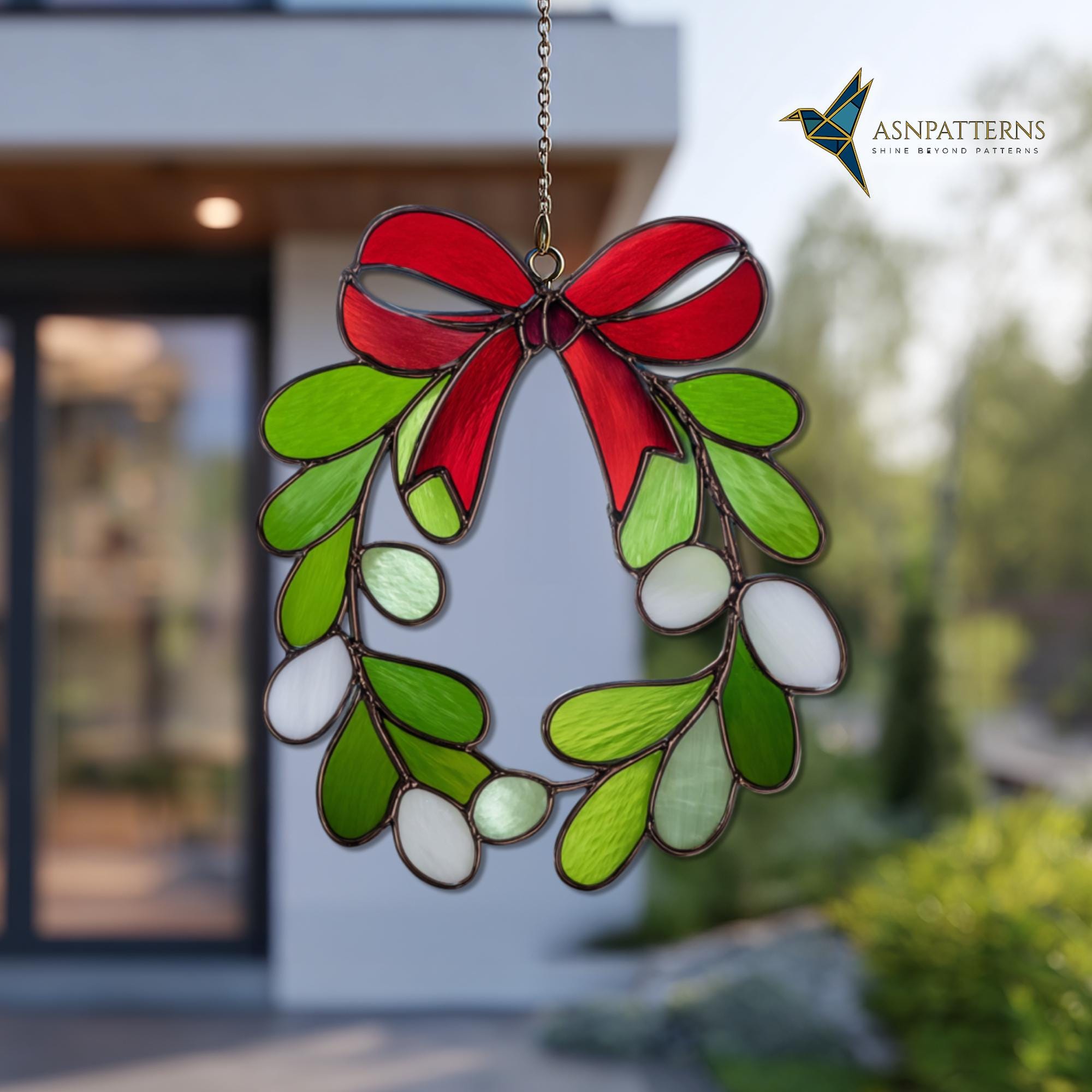 Mistletoe Branch Stained Glass Pattern, Mistletoe Wreath Suncatcher ...