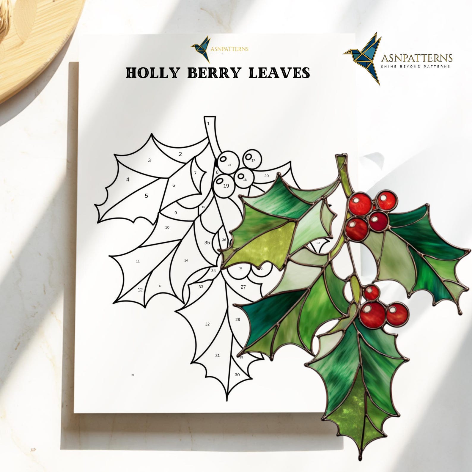 Holly Berry Leaves Stained Glass Pattern, Holly Berry Suncatcher PDF ...