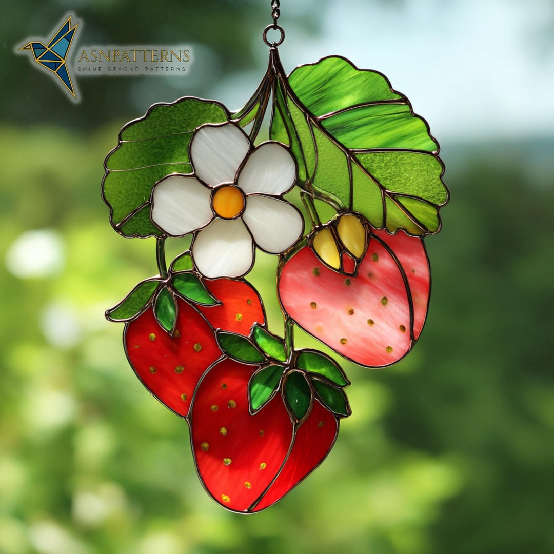 Strawberries Stained Glass Pattern, Strawberries Suncatcher, Stained ...